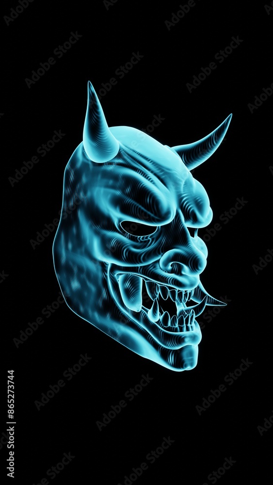 3d hologram Hannya the traditional japanese demon Oni mask ,blue neon ...