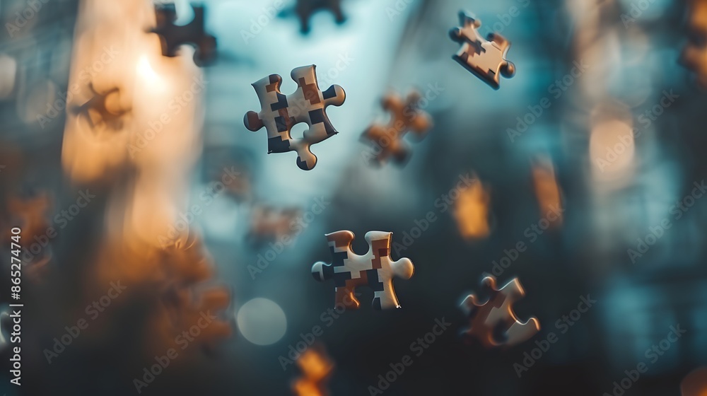 Floating Puzzle Pieces: Several puzzle pieces floating in mid-air ...