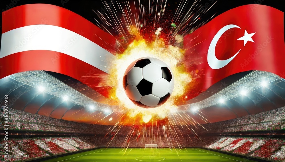 Austria vs Turkey football match, Austrian flag, Turkish flag, stadium ...