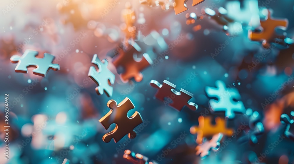 Floating Puzzle Pieces: Several puzzle pieces floating in mid-air ...