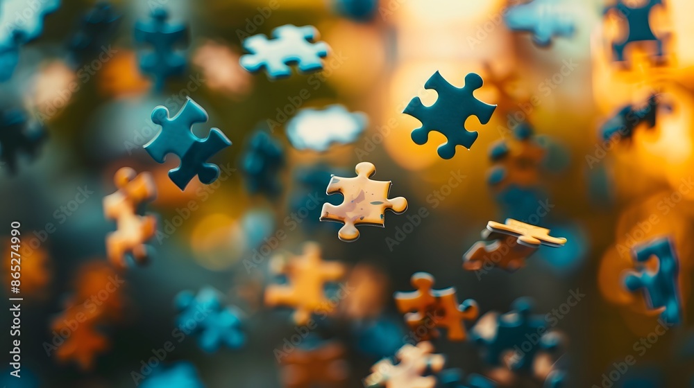 Floating Puzzle Pieces: Several puzzle pieces floating in mid-air ...
