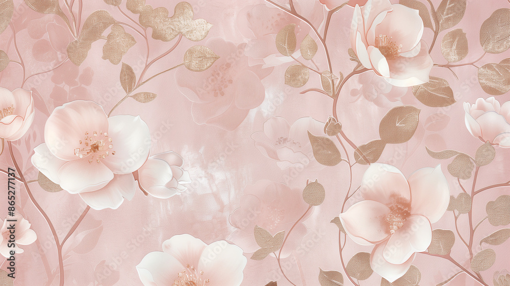 A blush pink and rose gold floral pattern wallpaper, with each flower ...