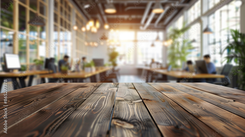 Wood table top with a modern office interior, showcasing a blurred ...