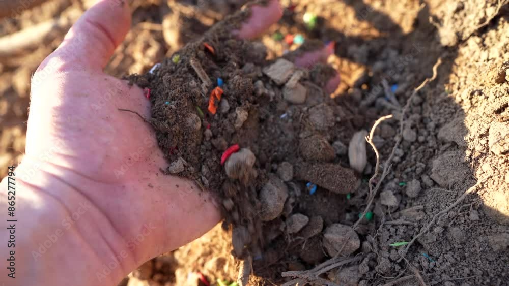 Microplastic pollution. Microplastics in ground. Soil contaminated with ...