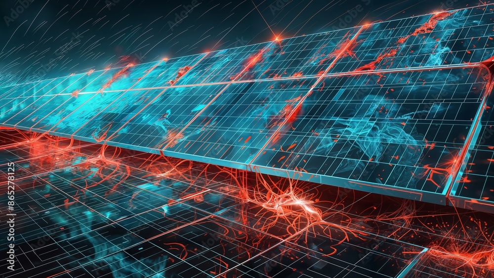 This image showcases a futuristic solar panel array with a dynamic ...