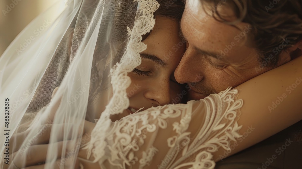 The bride and groom hug each other inside. The stunning bride wears a ...