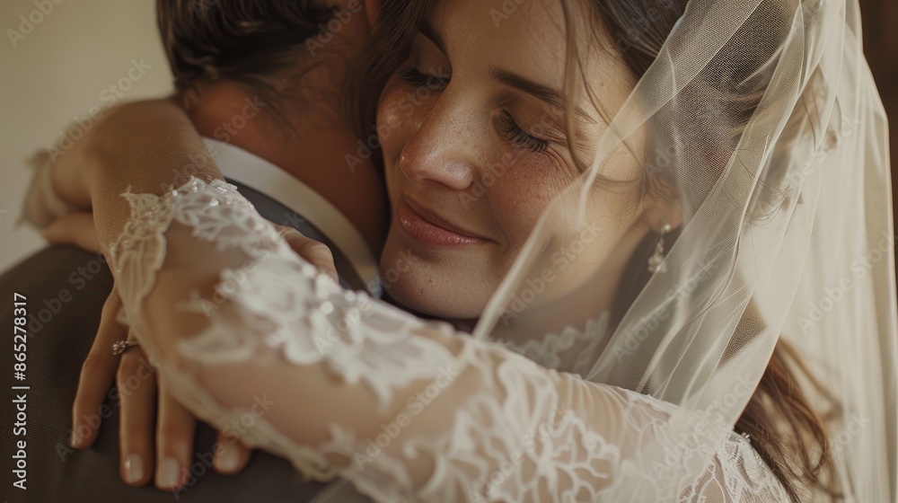 The bride and groom hug each other inside. The stunning bride wears a ...