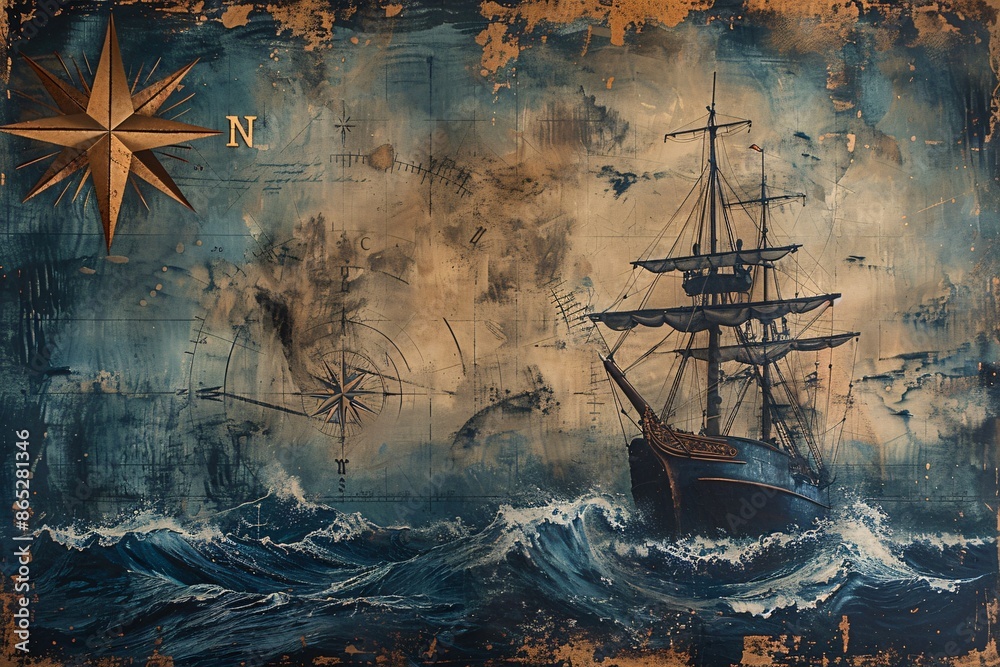 Pirate ship Treasure map antique nautical chart navigation map pattern ...