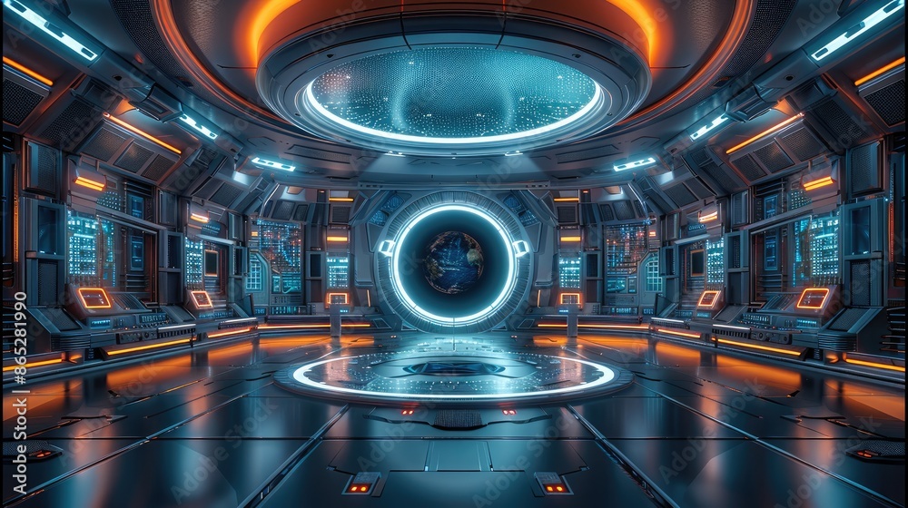 A large circular main stage with LED screens and glass walls, White sci ...