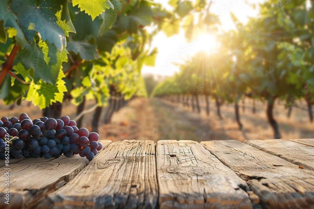 Empty wooden table counter desk with blurred agricultural field ...