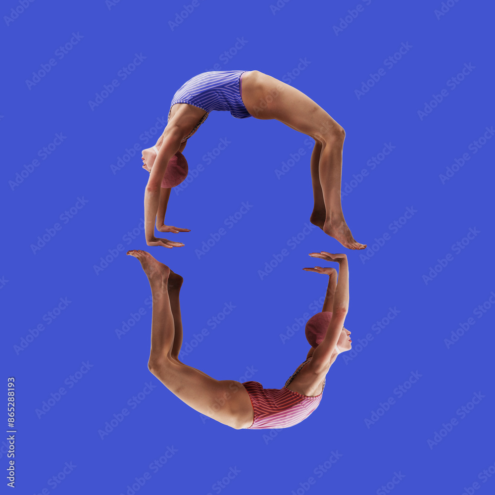 Two women in swimsuits and pink caps stretching with mirrored ...