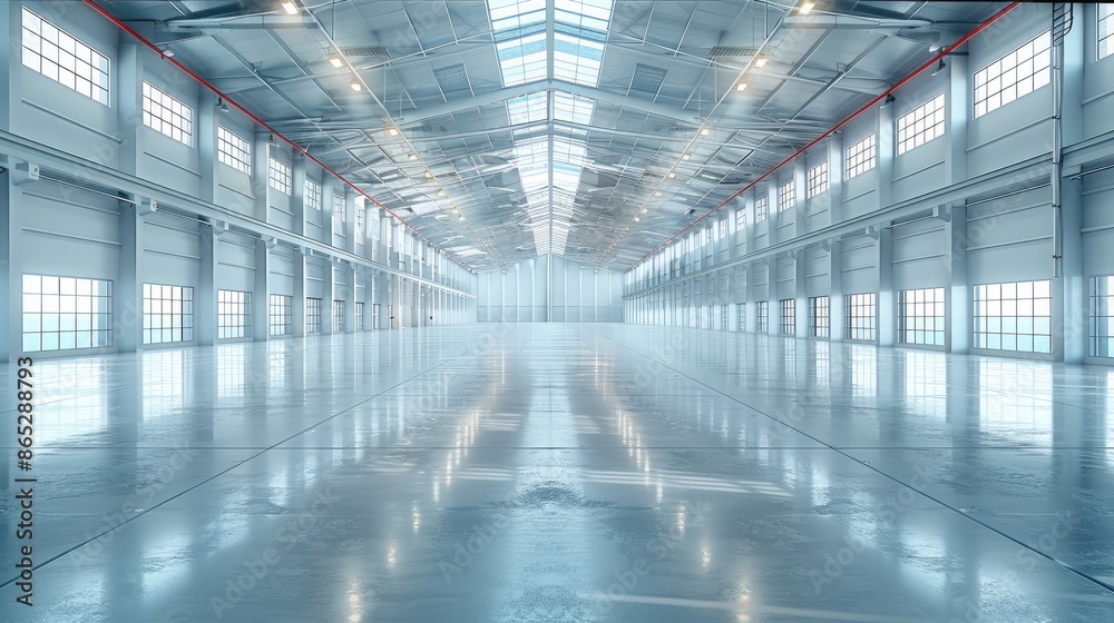 Modern white warehouse interior, a large warehouse with tiled lighting ...