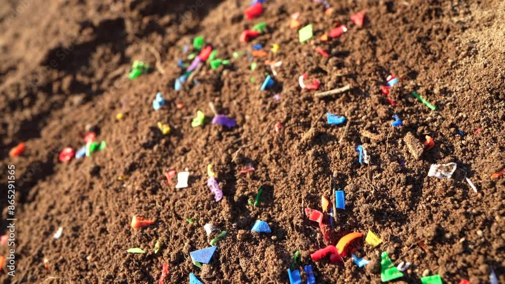 Microplastic pollution. Microplastics in ground. Soil contaminated with ...