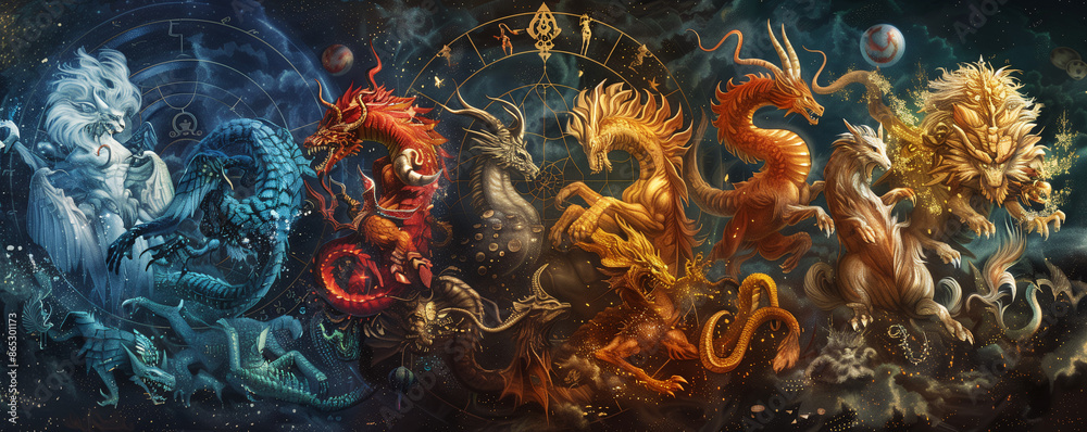 Mythological Beasts: The zodiac signs as mythological beasts, depicted ...
