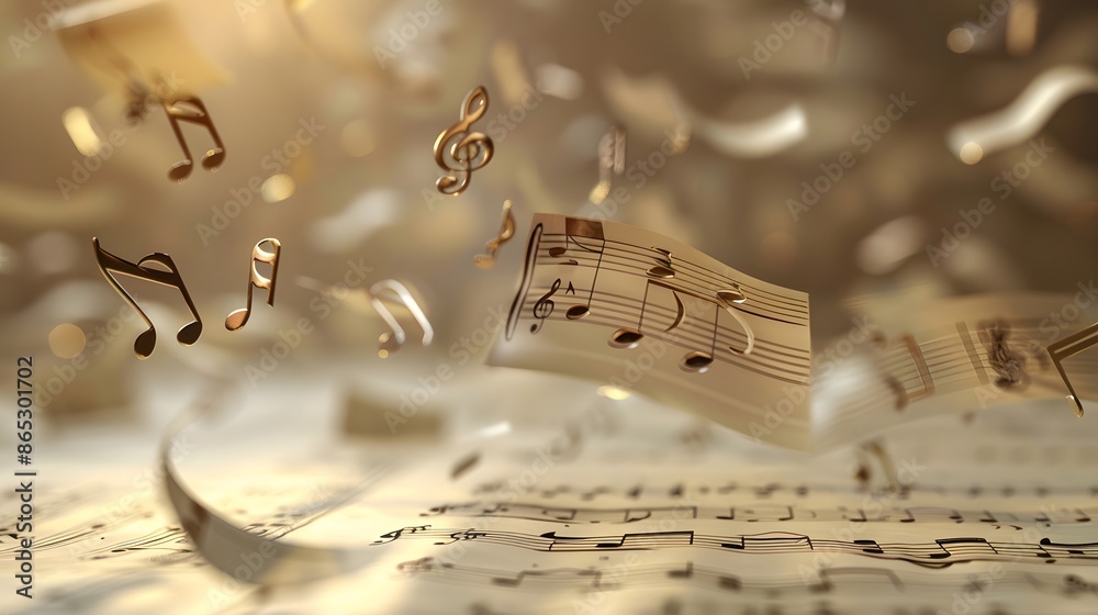 Floating Musical Notes: Musical notes floating above a sheet of music ...
