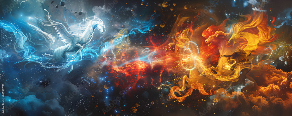 Zodiac Elements Clash: A dynamic scene where the elements of fire ...