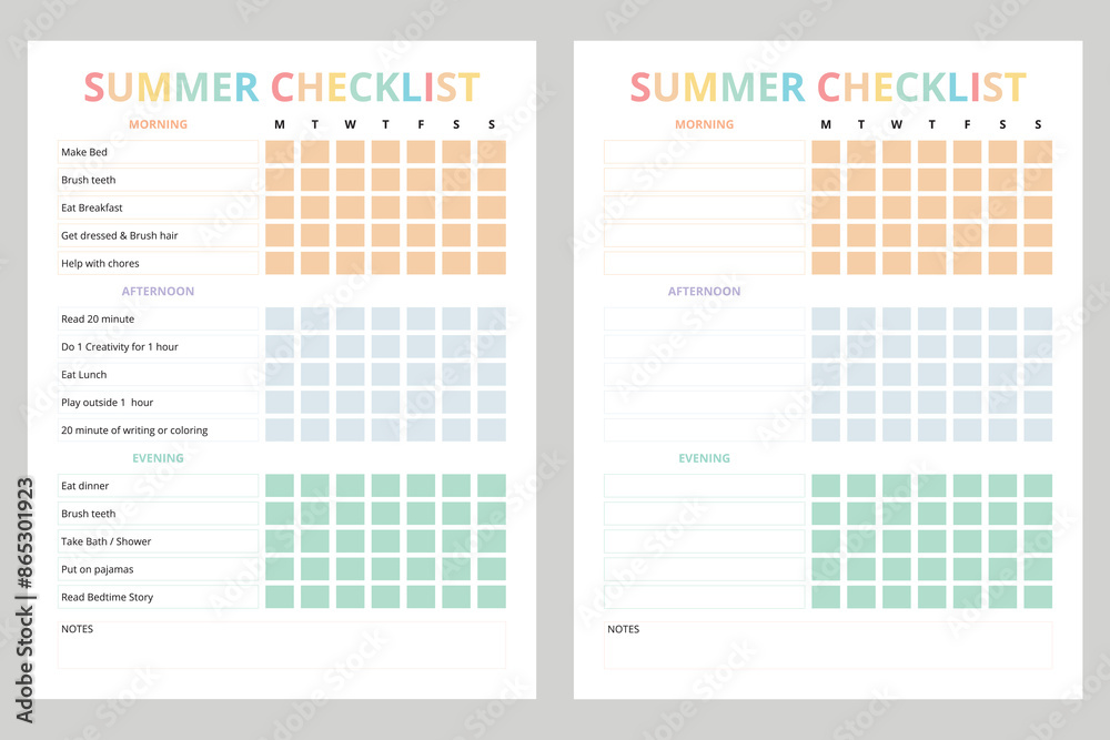 Summer daily checklist printable for kids Stock Vector | Adobe Stock