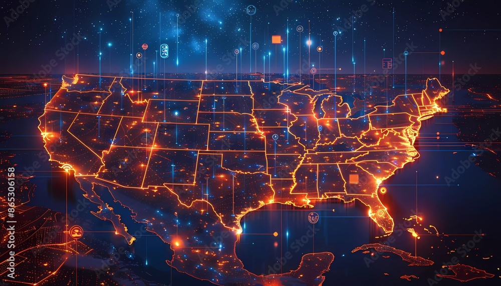 IoT in Smart Cities Across North America, digital map of the USA with ...