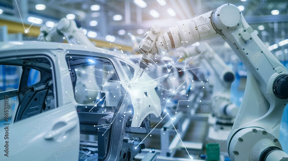 Car Factory. Concept Automated Robot Arm Assembly Line Manufacturing ...