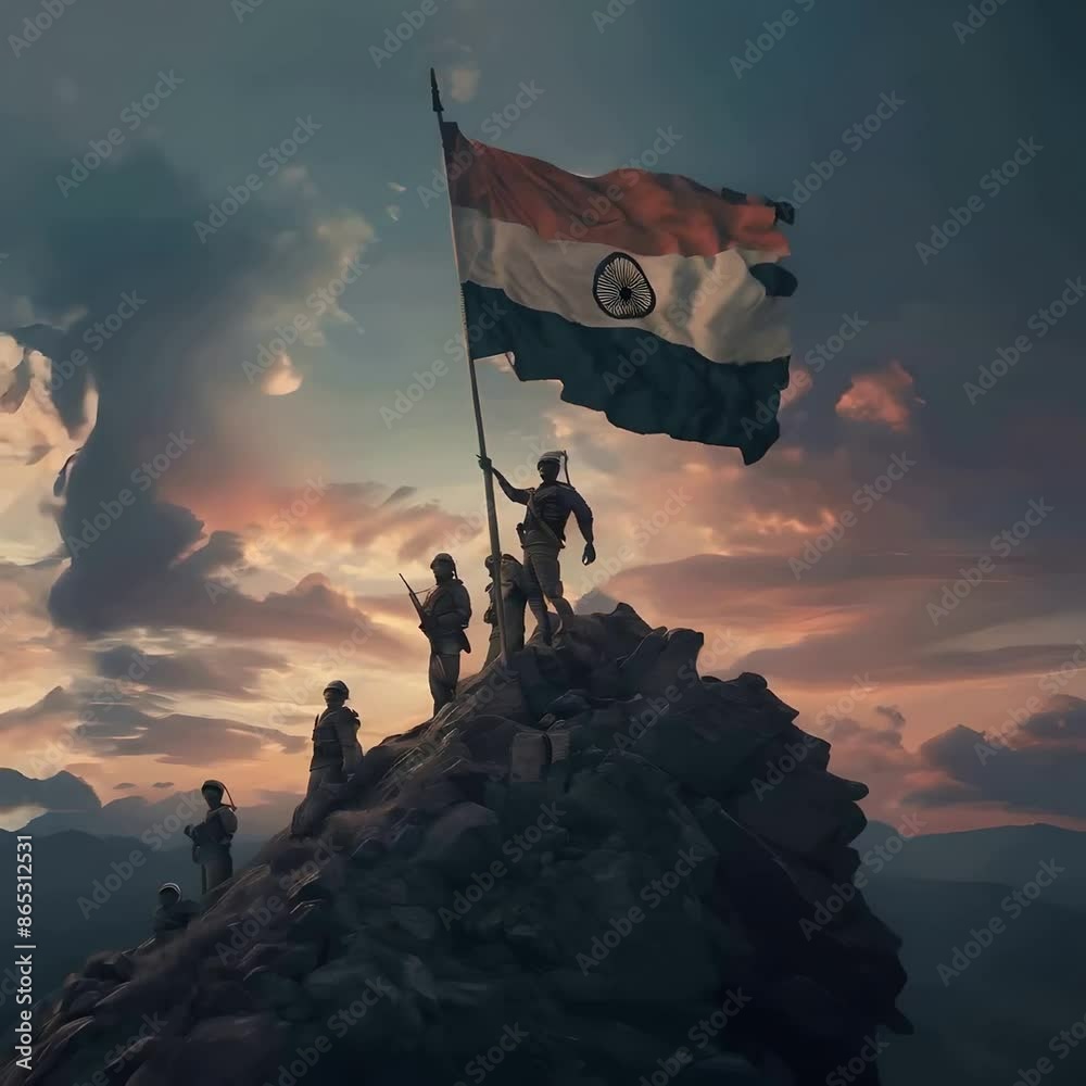 Indian Army soldiers stand resolutely on a rocky outcrop one gripping ...