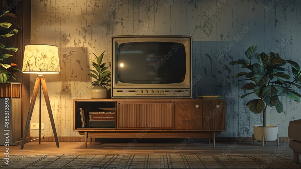 70s retro style living room with wood paneling, vintage television, and ...