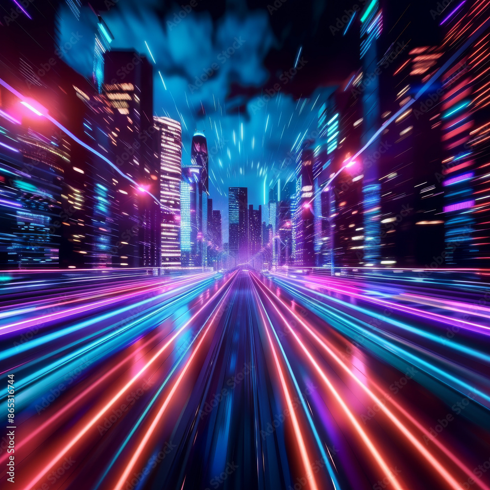Imagine a dynamic scene at night with neon red and blue speed lines ...
