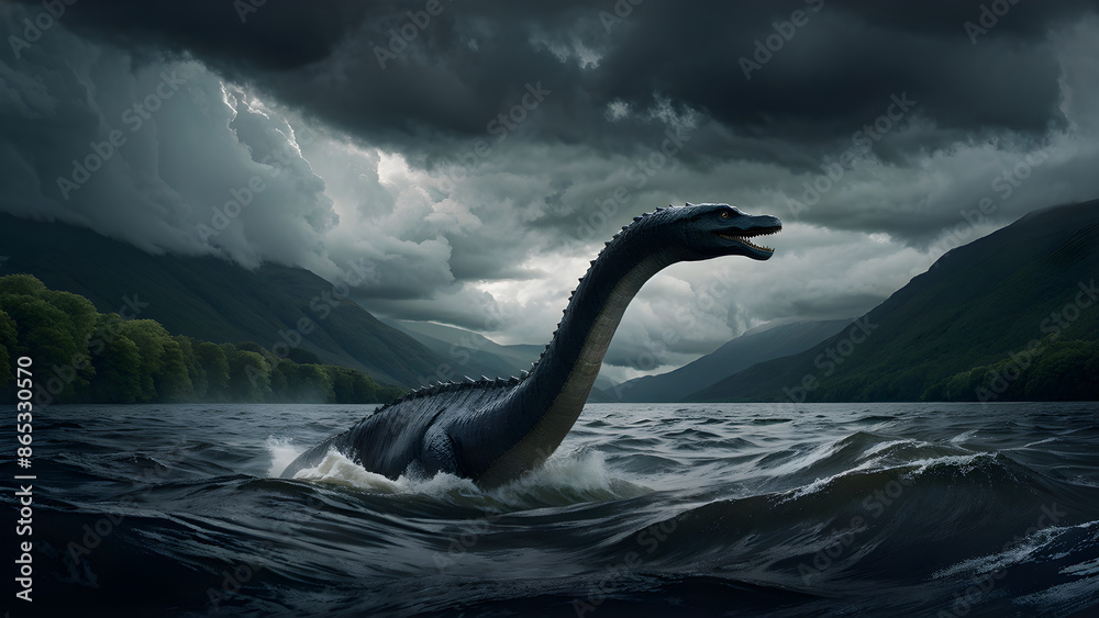 The Loch Ness Monster, with its long, serpentine neck and scaly body ...