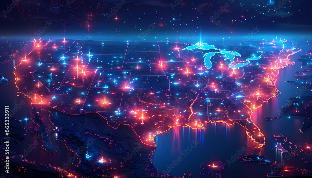 5G Technology Across North American Cities, digital map of major US ...
