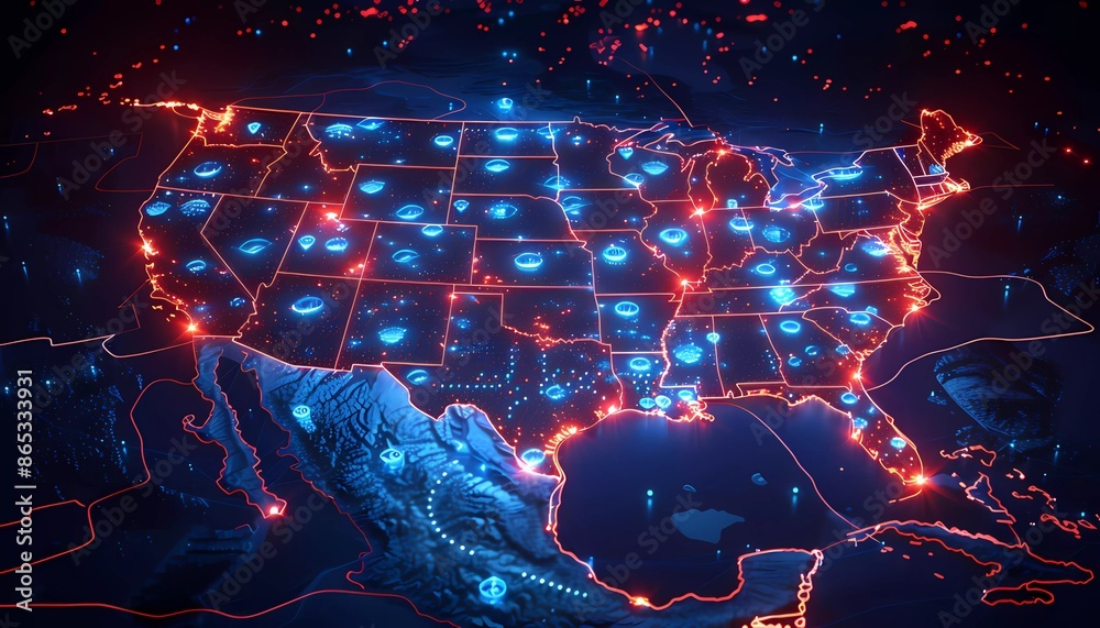 5G Technology Across North American Cities, digital map of major US ...