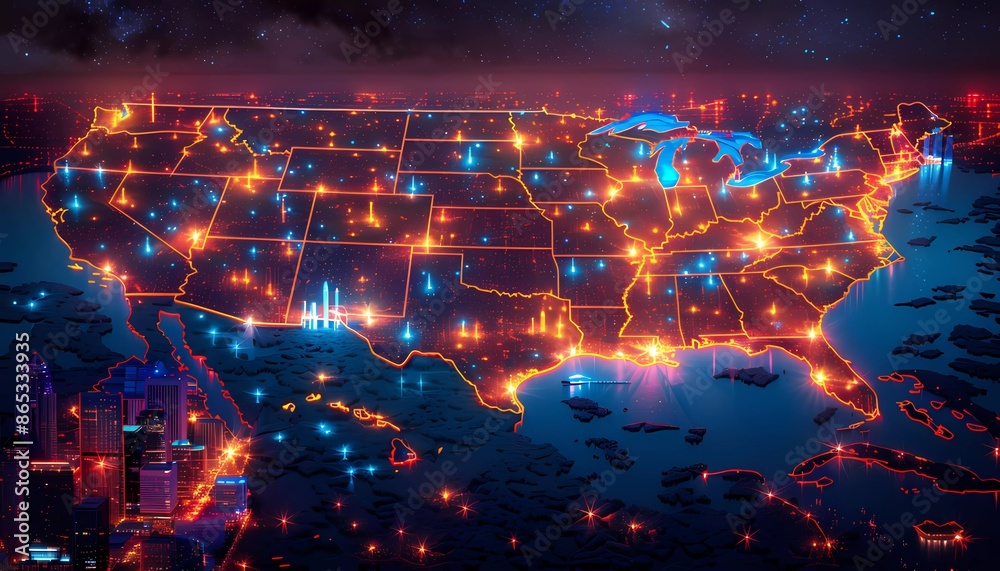 5G Technology Across North American Cities, digital map of major US ...