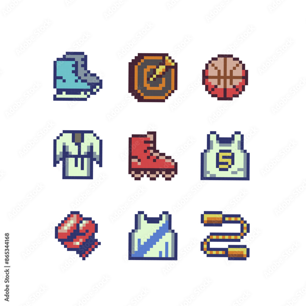 Sport clothing and equipment pixel art style icons set, emoji. 8-bit ...