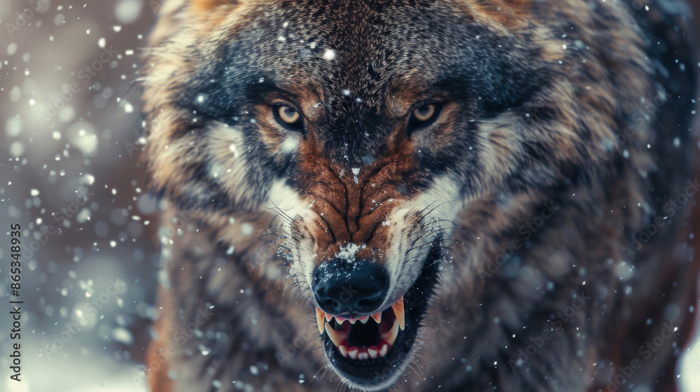 Aggressive wolf with its mouth open and teeth bared, looking at the ...