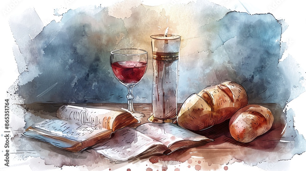 Eucharistic symbols. Lord's supper symbols: Bible, wine glass and bread ...