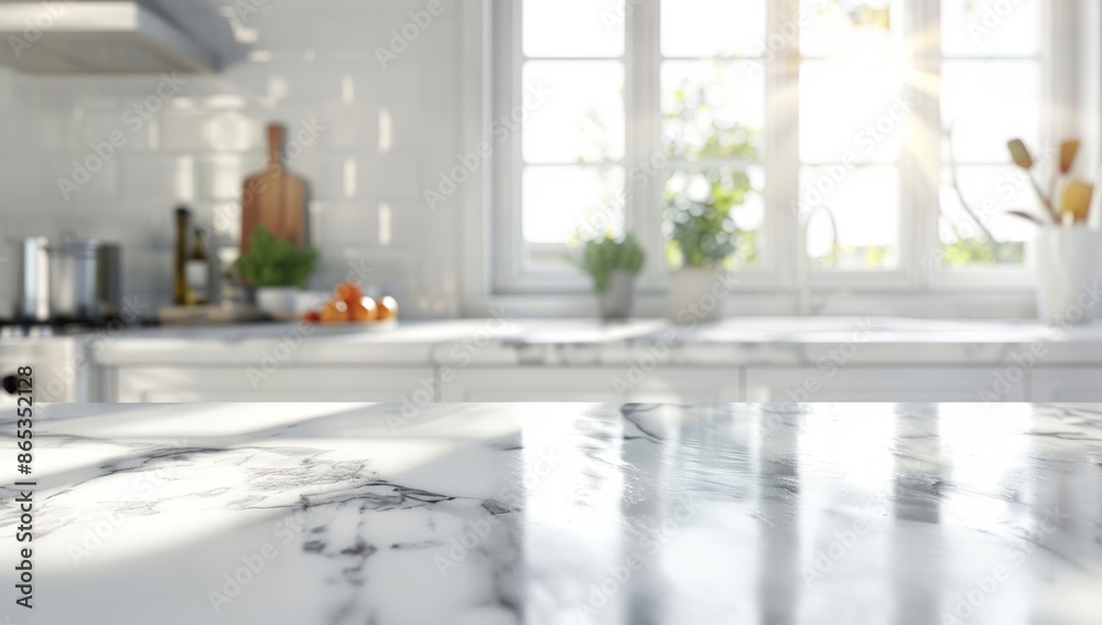 The background is a kitchen interior background with counter or table ...
