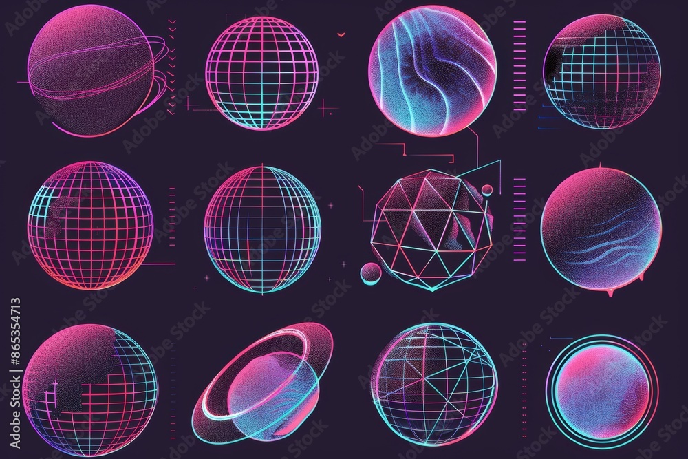 Graphic pack with retro futuristic shapes, including circles, spheres, grids with liquids ...