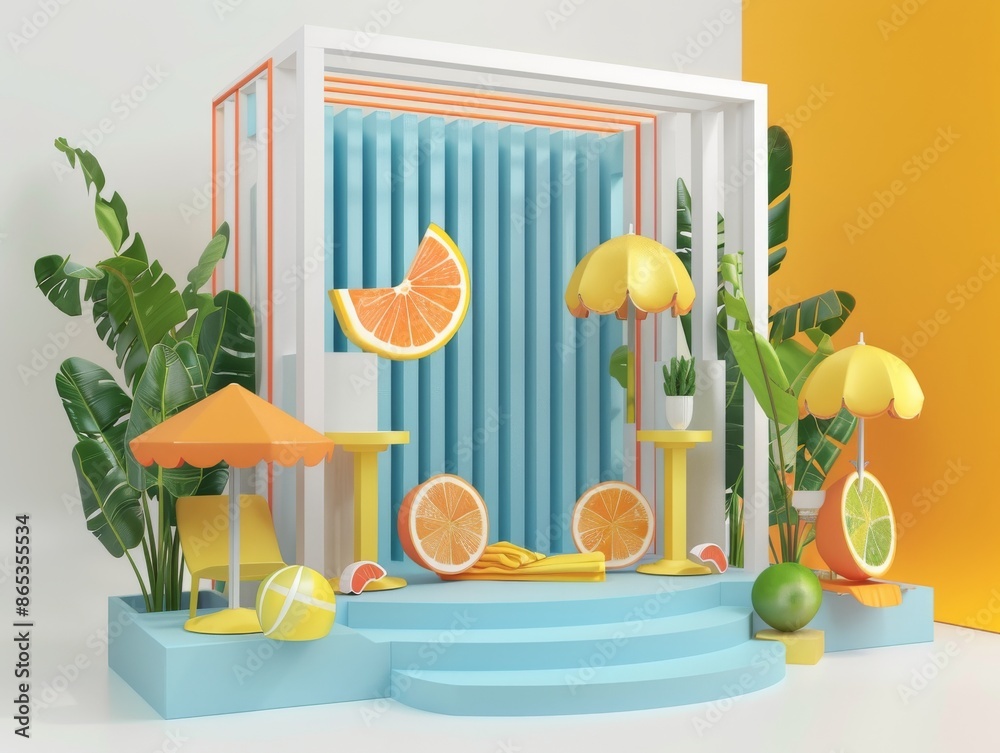 3D render of a summer themed pop-up store design, with an orange and ...