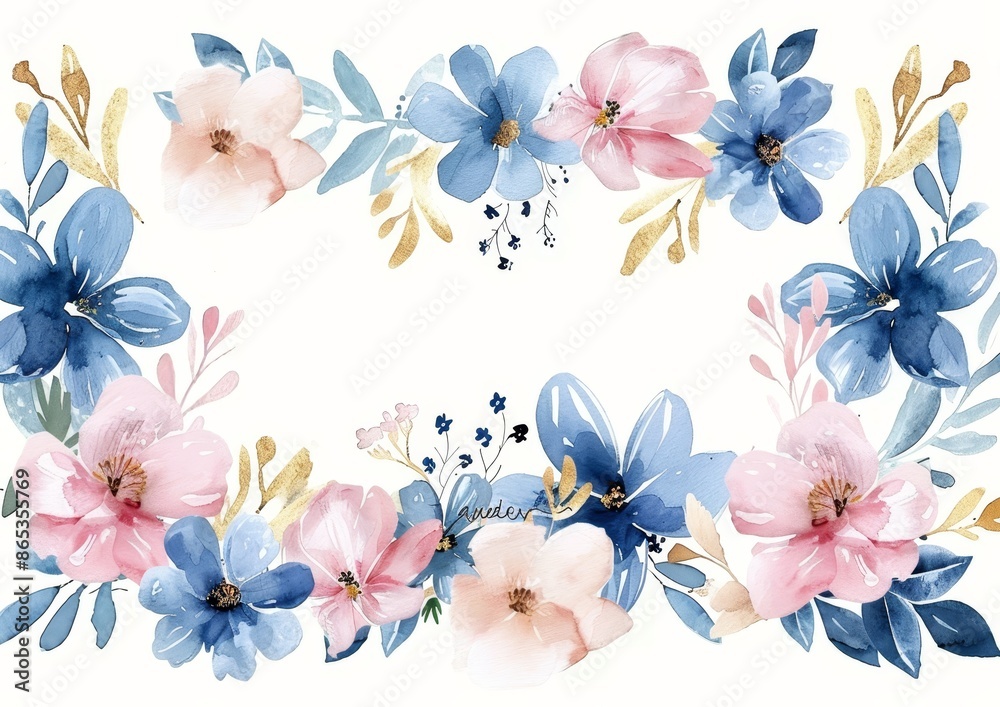 Floral corner border with dusty blue, pink flowers and branches. Wreath ...