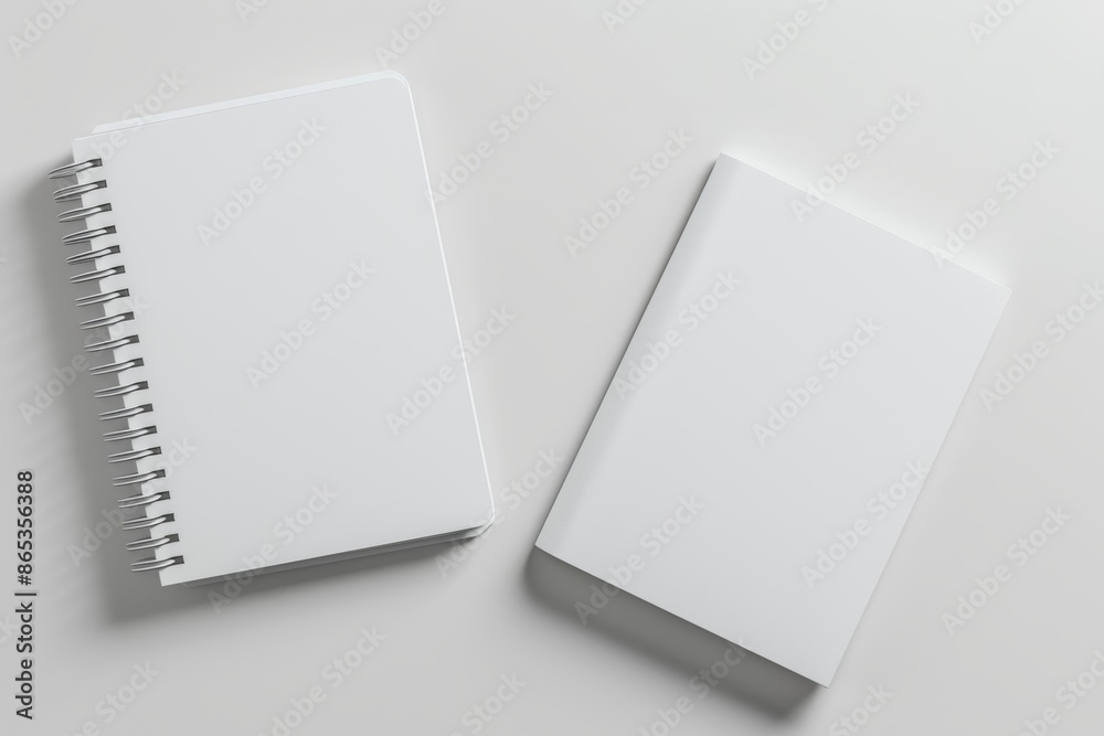 An empty photorealistic notebook mockup on a light grey background is ...