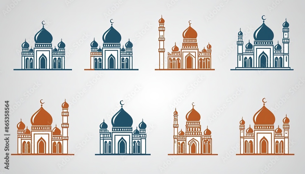 icon set vector art design. mosque. minaret. church. dome. pastel color ...