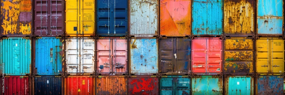 Colorful shipping containers are stacked together with different colors ...