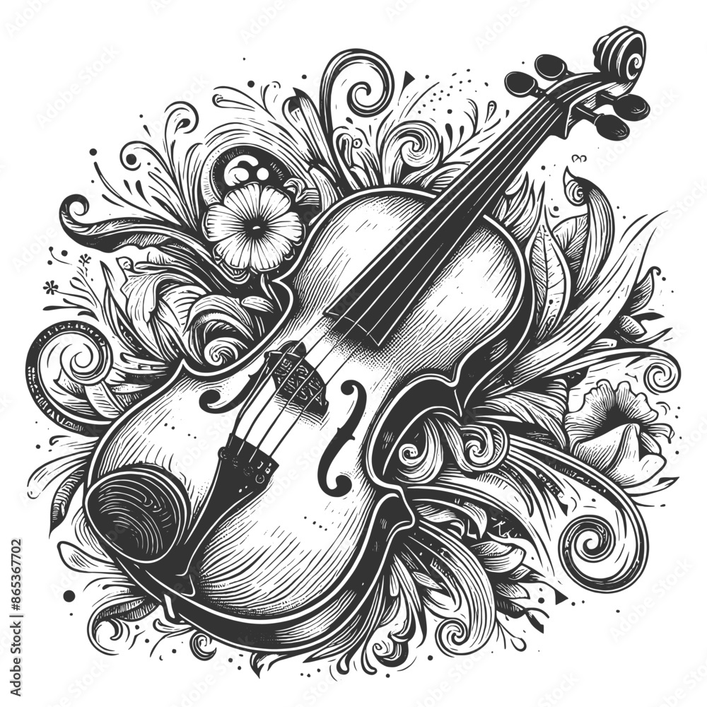 violin tattoo floral patterns, blending musical and botanical elements ...