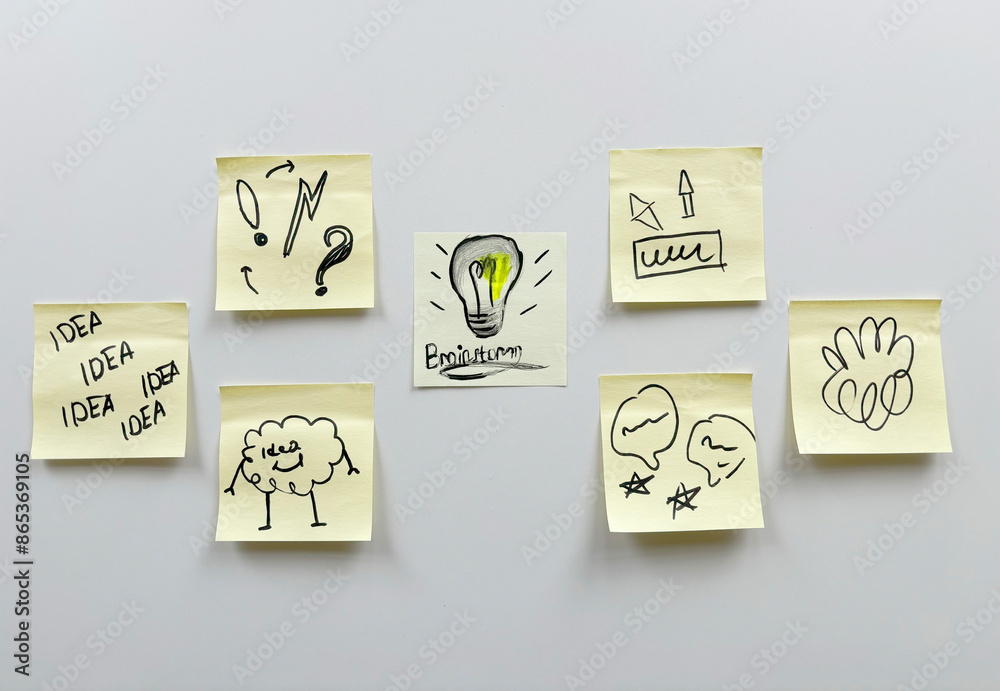 Brainstorm background. Ideas are depicted on sticky note paper ...