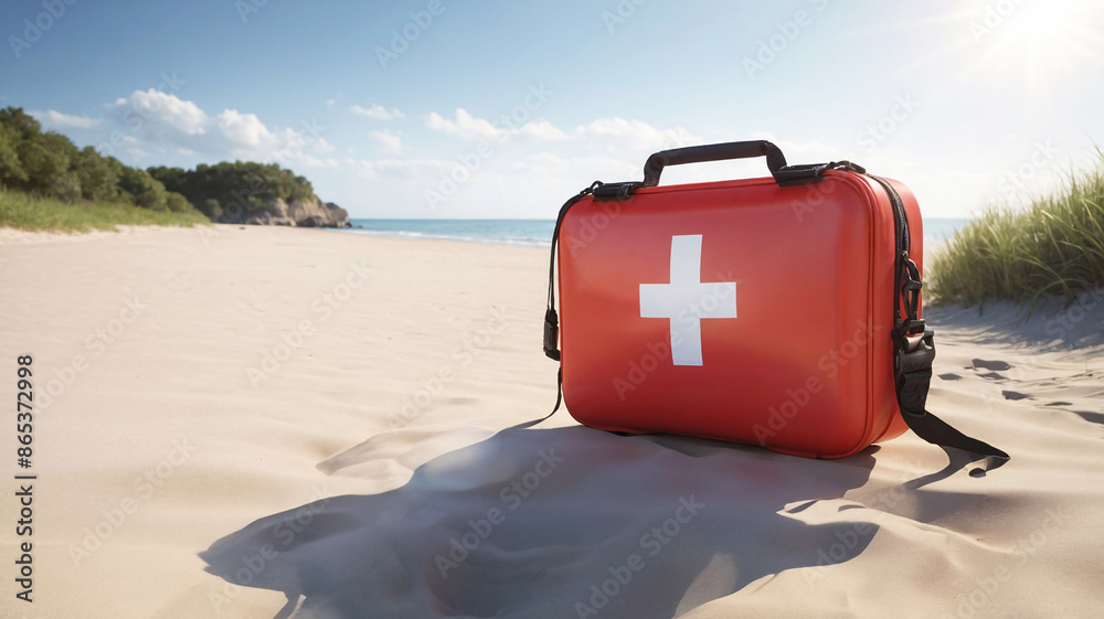 First aid kit and medical emergency equipment on beach sand. Red first ...