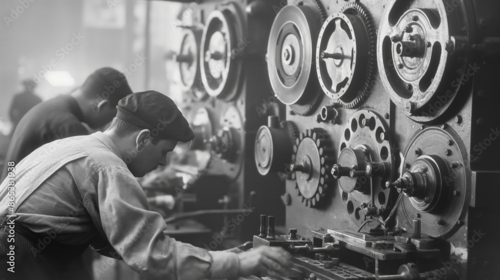 Industrial worker operating machinery in vintage factory. Concept of ...