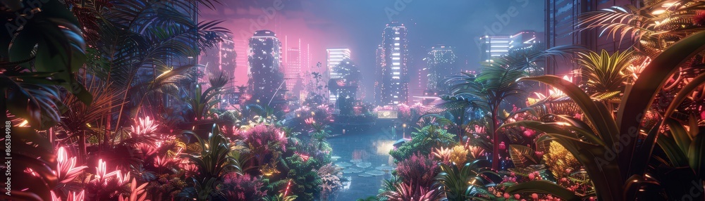 Produce an immersive Cyberpunk Gardening landscape showcasing neonlit ...
