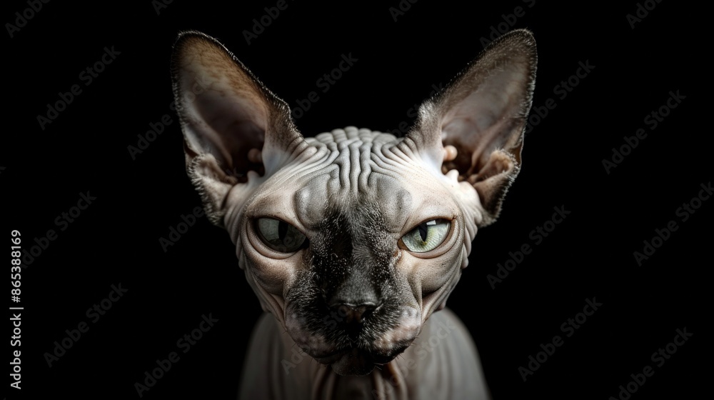 A sleek Sphynx cat with wrinkled skin and piercing green eyes, gazing ...