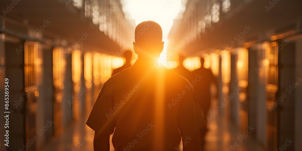 Guards conducting security check in prison cell block under harsh light ...
