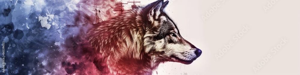 Regal wolf in dramatic double exposure with a patriotic battleship ...