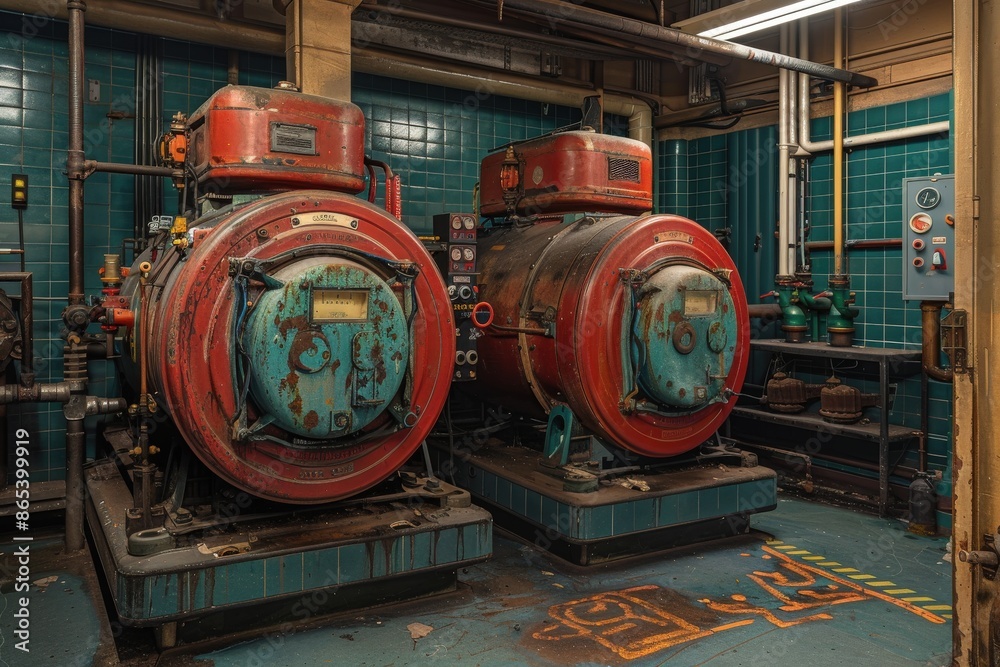 A detailed image of two old, rust-covered industrial boilers situated ...