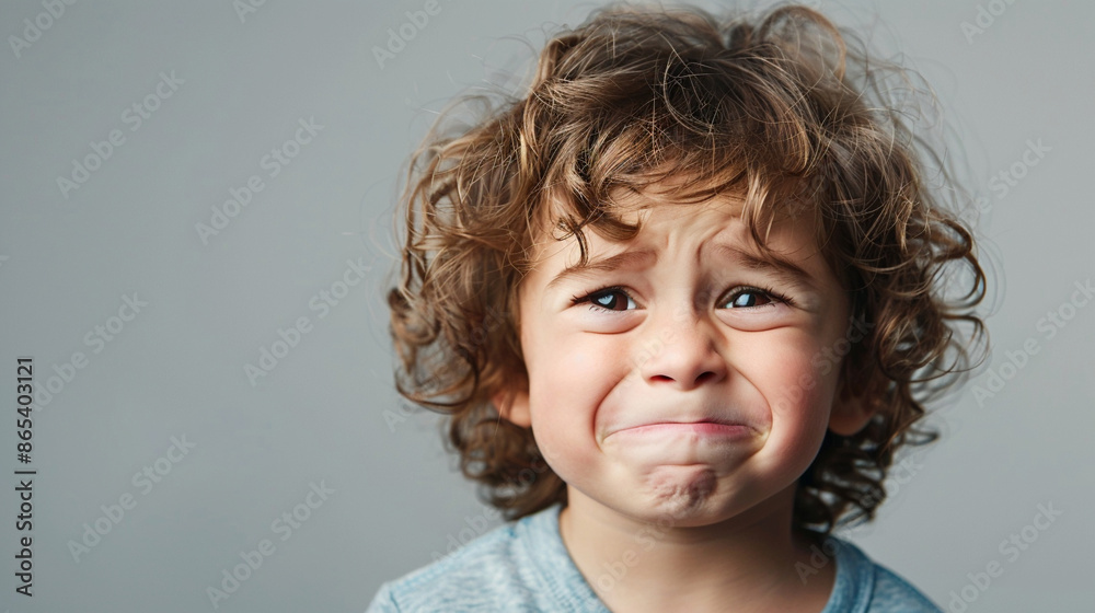 Expressive portrait of a curly-haired young child making a comical ...